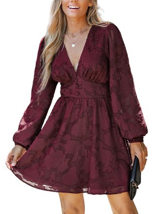 Cupshe Damen Kleid Spitzenkleid V Ausschnitt Knöpfen Langarm Elastikbund Floral Spitze Freizeitkleider Elegant Party Mini Dress Weinrot/Elastikbund XL