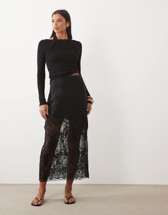 Asos jupe longue en satin avec ourlet en dentelle noire