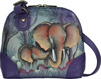 Anuschka Damen Handtasche aus Echtem Leder, Handbemaltes Echtleder, klein, mehrere F&auml;cher, Rei&szlig;verschluss, Elefantenfamilie