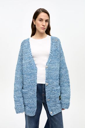 Ganni Cardigan tricoté à la main en denim bleu Light Indigo Coton - Taille XXS/XS