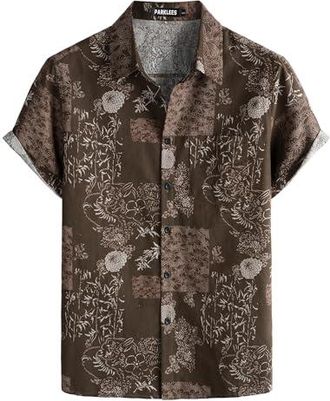 PARKLEES Chemise en coton et lin pour homme, motif vintage années 70, style ancien, chemise décontractée à manches courtes boutonnée rétro, Fleur marron., M