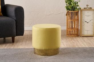 Atelier Del Sofa Stylish Yellow Pouffe with Wooden Frame & Metal Legs, 40 cm Diameter x 40 cm Height | 50% Cotton/50% Polyester, Easy Clean Fabric, Comfortable 32 DNS 