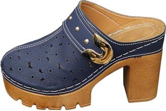 Generic Border Summer Chaussures creuses &eacute;paisses pour femme avec boucles en m&eacute;tal Sandales de style r&eacute;tro Sandales clout&eacute;es Taille 8, bleu marine, 37.5 EU