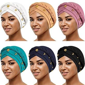 Satinior Lot de 6 Turban torsad&eacute;s pour Femme Africaine avec Perles et Fausses Perles (Noir, Blanc, Bleu lac, Rose, Kaki, Bleu Marine, Style Perle), Noir, Blanc