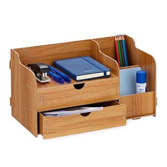 Relaxdays Schreibtisch Organizer, 2 Schubladen & 3 F&auml;cher, Stiftbox MDF, HBT 17 x 33 x 19 cm, B&uuml;roorganizer, dunkelbraun