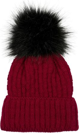 styleBREAKER Unisex warme Strick Bommelmütze mit Flecht Muster und Fleece Futter, Winter Fellbommel Mütze 04024171, Farbe:Bordeaux-Rot