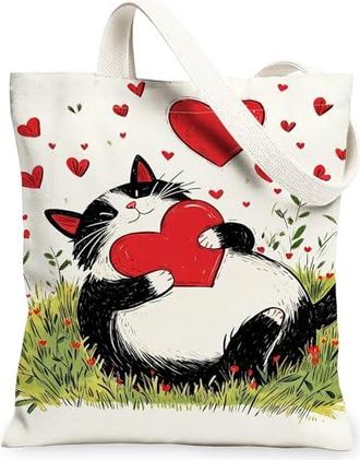 Generic Sacs fourre-tout en toile motif chat coeur, sacs &agrave; provisions r&eacute;utilisables, sacs &agrave; provisions r&eacute;utilisables, l&eacute;gers et lavables pour la Saint-Valenti