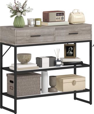 HOMCOM Eingangshalle Konsolentisch mit 2 Schubladen, 2 Gitterb&ouml;den und Seitenhaken, Konsolentisch aus Holz und Metall, Eingangstisch f&uuml;r Schlafzimmer, 100x35