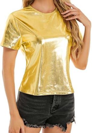 Generic T Shirt pour Femme Paillettes Manches Courtes Col V Brillant Métallisé Glitter Grande Taille Chic Basique Paillettes Haut Décontractée Brillante Sequi