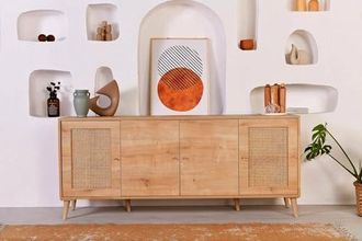 Dmora Sideboard Hypsipyle 180x41x81 cm Braun 3 Regale, 4 T&uuml;ren
