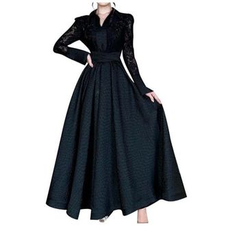 Generic Robe Longue Femme Dentelle, Robe de Soiree Brod&eacute;-Robe Vintage Manche Longue Col V Taille Haute Chic Et Elegant Dress Slim Classique Swing Solide Pour 