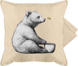 Shirtracer Kissenbezug - Kissen - Bär mit Honigtopf und Biene I Waldtiere Geschenk Bären Zeichnung I Geschenk Freundschaft Tiere - 50 x 50 cm - Beige Natur