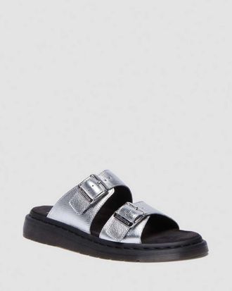 Dr. Martens Josef Metallic Leder Slide Sandalen in Grau, Gr&ouml;&szlig;e: 36