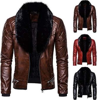 Generic Veste de moto pour homme - Coupe ajustée - En polyuréthane - Avec col moelleux - Coupe-vent - Thermique - Vintage - Fermeture éclair intégrale - Style