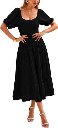 PrettyGarden Damen Fr&uuml;hling Kleider 2024 Puff&auml;rmel V-Ausschnitt Schweizer Dot Hohe Taille Chiffon Kleid Tiered Gesmokte Maxikleider, Schwarz, Gro&szlig;