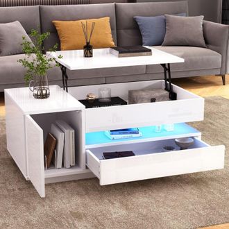 STILVORA Table Basse Relevable avec 1 Tiroir et 1 Placard et LED, Brillance Blanche, Style Moderne, en Panneau de Particules, 95&times;50&times;34,5 cm