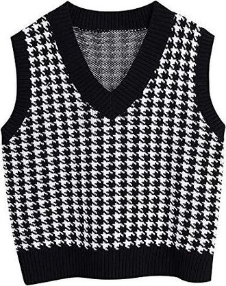 ZYUEER Pull pour Femmes Motif Pied-de-poule Pull en Tricot Gilet Sans Manches Lâche Col en V des Années 90 Gilet Pull en Maille Haut (noir, M)