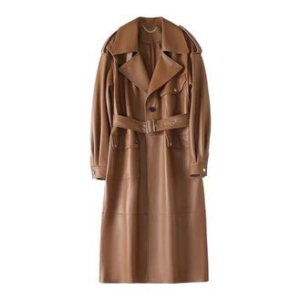Generic Trench-coat en cuir v&eacute;ritable pour femme - Grande veste &agrave; revers en peau de mouton longue et &eacute;paules tombantes &agrave; lacets, EN8, M