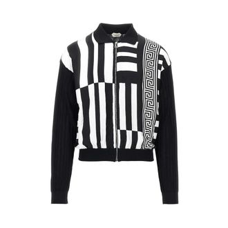 Versace Strick-Strickjacke mit Rei&szlig;verschluss und bedruckten Seideneins&auml;tzen - - Sweatshirts & Hoodies - Herren - Schwarzk - L