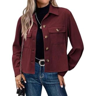 Generic Veste courte d&eacute;contract&eacute;e &agrave; manches longues et col &agrave; revers pour femme en velours c&ocirc;tel&eacute;, bordeaux, XXL
