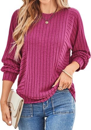 Dokotoo Damen Pullover Rundhals Fledermaus&auml;rmel Langarmshirt Herbst Winter Leichter Strickpullover Pulli Casual Loose Fit Oberteile Geripptes Sweatshirt, rose