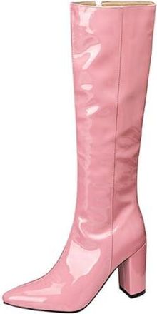 Generic Bottes hautes en cuir PU verni à bout pointu avec fermeture éclair et doublure en fourrure pour femme, rose, 37.5 EU