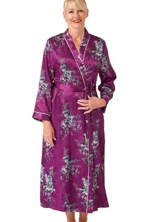 Marlon Damen Vara Piped Floral Printed Satin Long Robe Morgenmantel, Fuchsia, 14-16