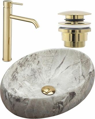 Rea Rea Set Von Aufsatzwaschbecken Linda Stone + Waschbeckenarmatur Lungo Gold + St&ouml;psel Gold