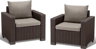 Keter Allibert by Keter Gartenlounge Sessel California, braun/warm taupe, 2er Set, inkl. Sitz- und Rückenkissen, Kunststoff, runde Rattanoptik, 252919, 83 x