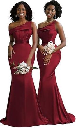 Generic Robe de bal en satin plissée à une épaule, robes de demoiselle dhonneur sirène corset robe de soirée formelle, bordeaux, XS