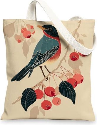 Generic Sacs fourre-tout en toile motif oiseau et baie, sacs à provisions réutilisables, rétro nature légère lavable épaule T, beige, 13x15 Inch