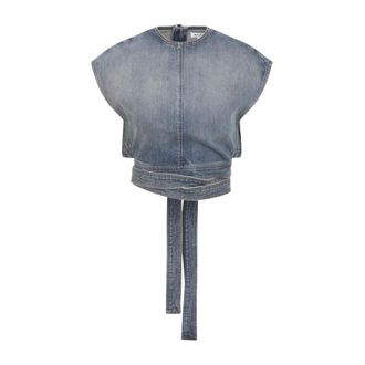 Alaia Belted Denim Crop Top - - Tops - Damen - Blau - XS