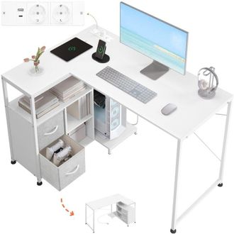 Woltu Bureau dangle Woltu 120x80 cm, Table dOrdinateur avec &Eacute;tag&egrave;re R&eacute;versible, Prises et Port usb-a Typ-C, Forme de l, Cadre en M&eacute;tal, Marron Rustique