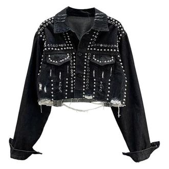 Generic Veste en jean clout&eacute;e &agrave; rivets pour femme - Manches longues - D&eacute;lav&eacute; - Style western d&eacute;contract&eacute;, Noir, XXL