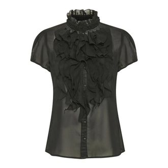 Saint Tropez Chemisier en mesh avec d&eacute;tail &agrave; volants - Femme - Blouses et Chemises - Noir - Taille: 38 FR