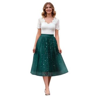 Generic Jupe pour femme avec &eacute;toiles paillet&eacute;es, 3 couches, jupe midi en tulle noir &eacute;lastique, vert noir, XL