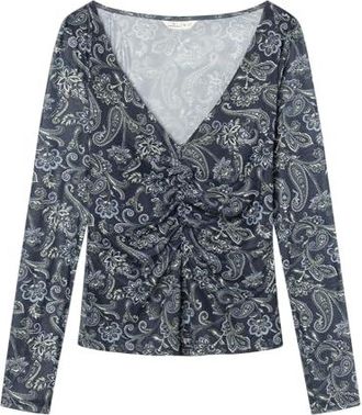 Springfield Long Sleeve Tulle Top with V Neck and Soft Gathering T-Shirt &agrave; Manches Longues, Bleu, XL Femme