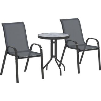 OUTSUNNY Salon de jardin ext&eacute;rieur - Outsunny - 3 pi&egrave;ces - 2 fauteuils empilables et table basse avec dessus en verre tremp&eacute; - gris fonc&eacute;