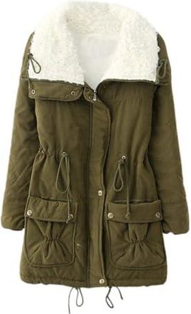 Generico Veste dhiver pour femme Parka mi-longue avec col haut et cordon de serrage réglable, simple et chaude Veste matelassée décontractée, vert, 3XL