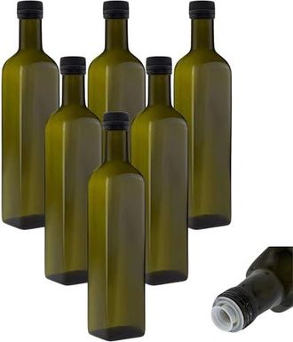 mikken Art 6x &Ouml;lflasche 500ml mit Ausgiesser gr&uuml;n/braune Glasflaschen mit Dosierer und Etiketten