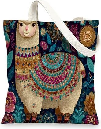 Generic Sacs fourre-tout en toile motif lama bohème, sacs à provisions réutilisables, légers et lavables avec bandoulière en toile, multicolore, 13x15 Inch