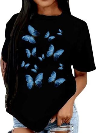 Generic T-shirt surdimensionné tendance et ample avec imprimé bleu pour femme grande taille Tenue lumière noire, Noir, 5XL