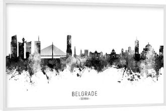 artboxONE Poster mit weißem Rahmen 90x60 cm Städte Belgrade Serbia Skyline BW Text - Bild Belgrade
