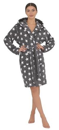 Brandsseller Peignoir Femme avec Capuche L/XL - Doux et L&eacute;ger en Microfibre avec Motif &Eacute;toiles - Certifi&eacute; Oeko-Tex - Id&eacute;al Maison, Spa ou Sauna - Gris/Blanc