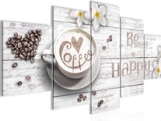 Runa Art Bild Esszimmer Küchenbilder Küche Kaffee 5 Teilig Be Happy Weiss Wandbilder auf Vlies Leinwand 020653c