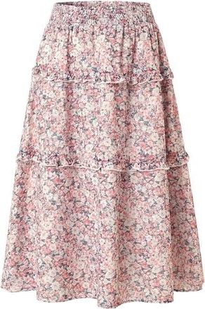 Allegra K Femmes Jupe Mi-Longue Fleurie Mousseline Soie Taille &Eacute;lastique Ourlet Volants Rose L