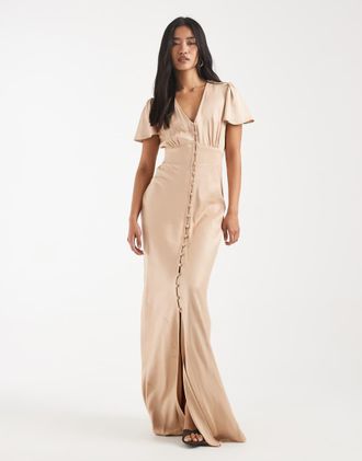 Maids to Measure Robe longue boutonn&eacute;e &agrave; lavant pour demoiselle dhonneur - Mocha-Neutre