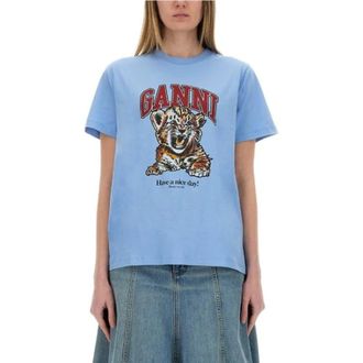 Ganni Femme, Tops, Bleu, Taille: 40 FR Basic Jersey Tiger Relaxed T-Shirt