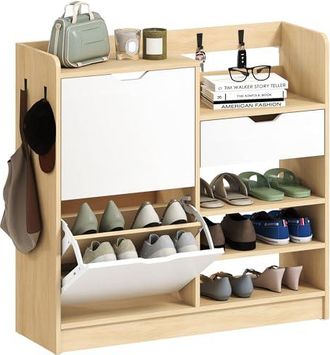 HOMCOM Armoire &agrave; Chaussures &agrave; 2 abattants, multifonctionnelle, &eacute;tag&egrave;re &agrave; Chaussures avec Compartiments Ouverts, cloison r&eacute;glable, Crochets pour 14 Paires de 