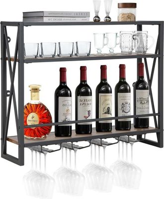 Costway Costway - 3 Ebenen Weinregal Wand, Flaschenregal Holz mit Metallrahmen, mit 4 Reihen Weingl&auml;serhalter, Industrial Design, ideal f&uuml;r Zuhause, Bar
